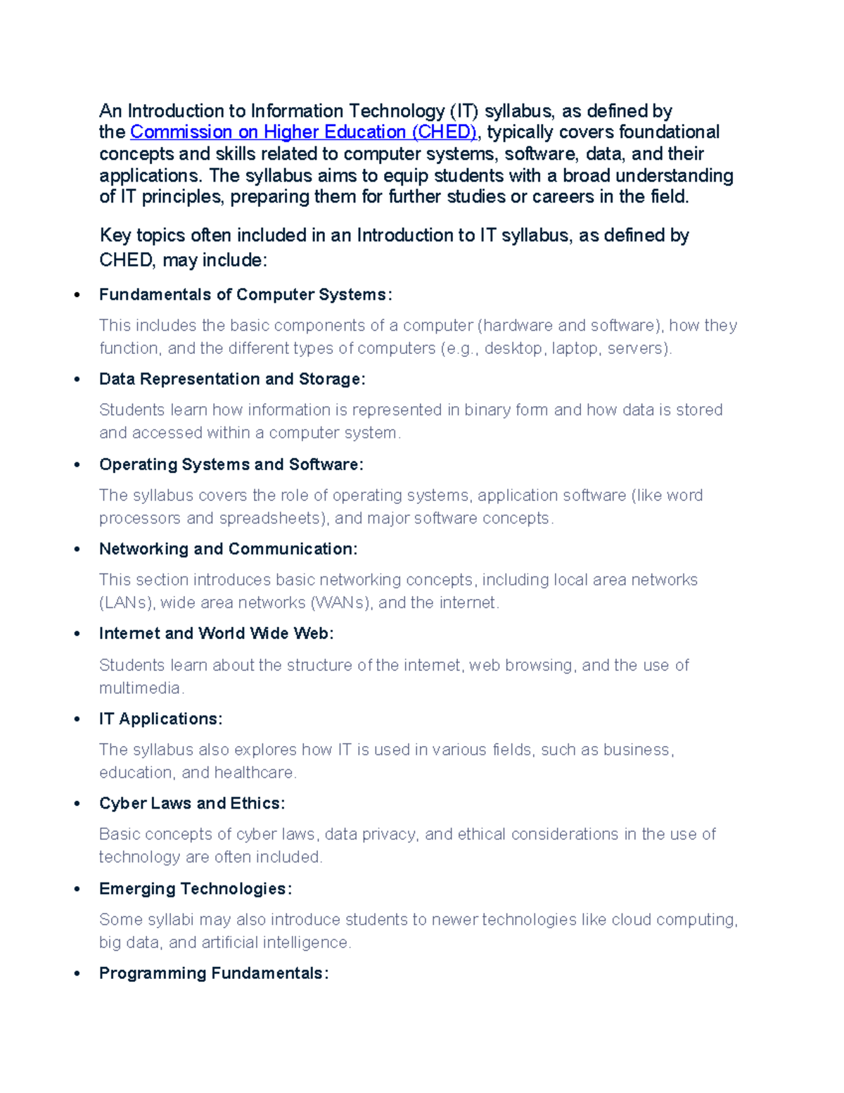 CHED IT 101: Intro to Information Technology Syllabus Overview - Studocu