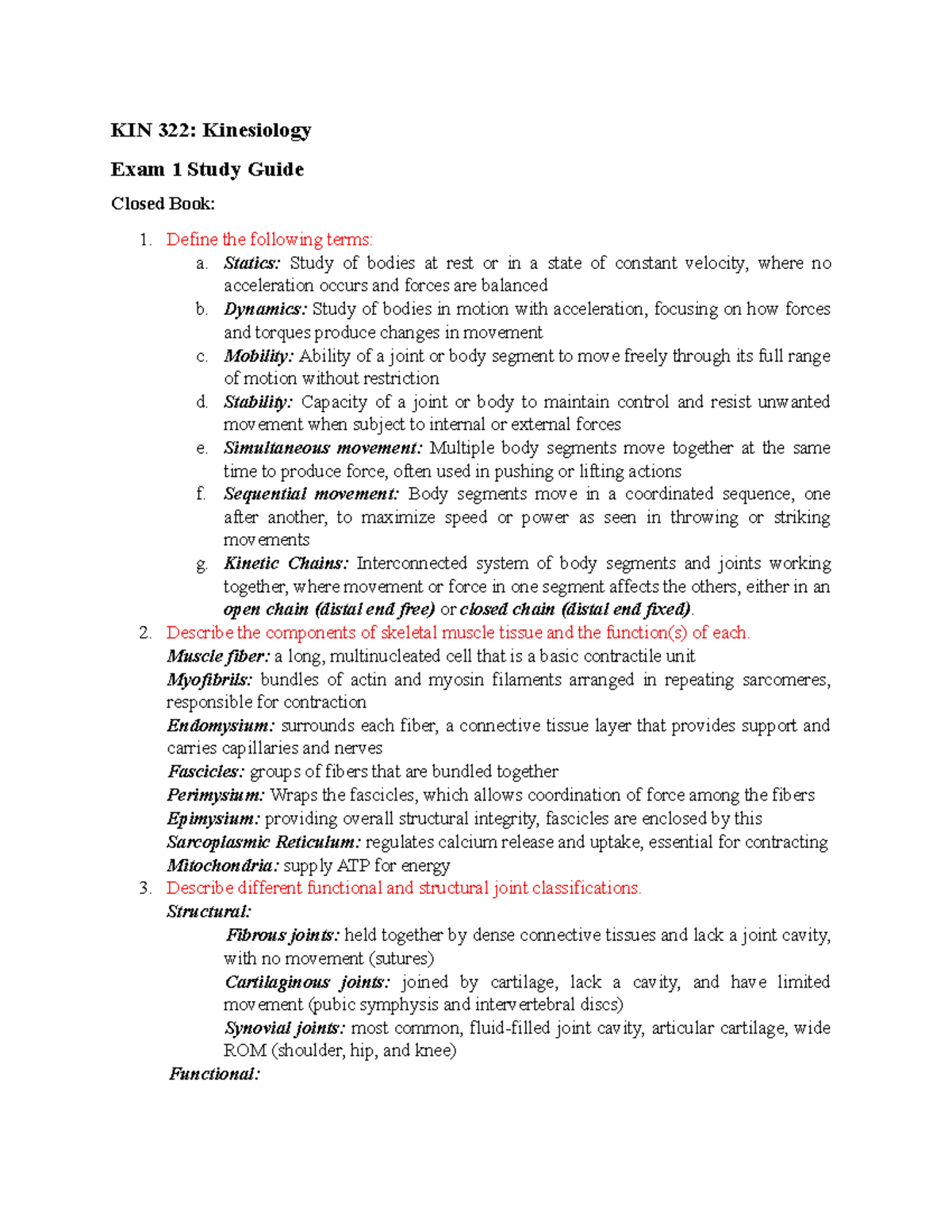 KIN 322: Fall 2024 - Kinesiology Exam 1 Study Guide - Studocu