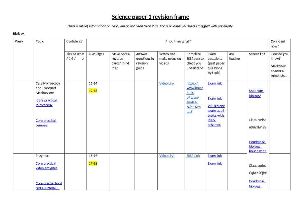 Science Paper 1 Revision Guide and Study Framework for Biology and ...