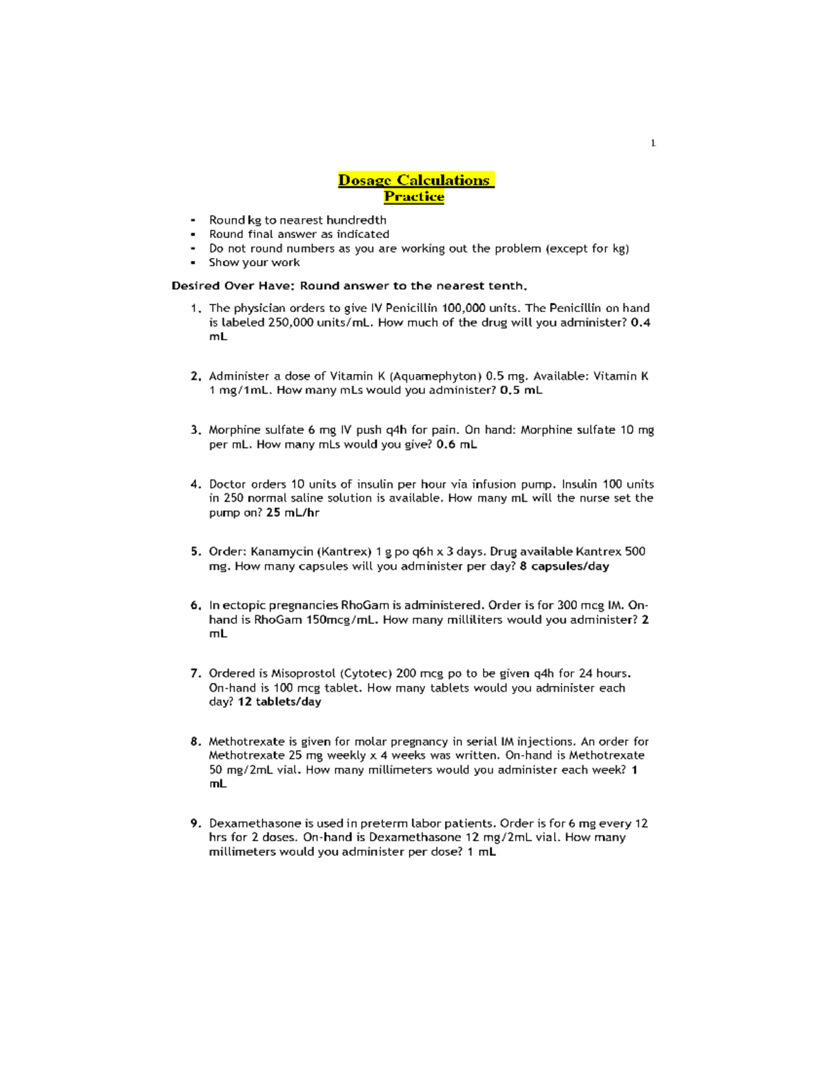 Dosage Cal - worksheet - 1 Dosage Calculations Practice Round kg to ...