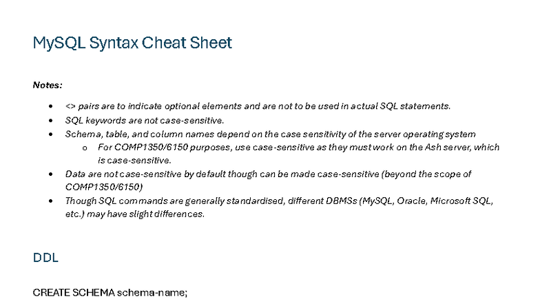 MySQL Syntax Cheat Sheet: Key Commands & Notes - Studocu