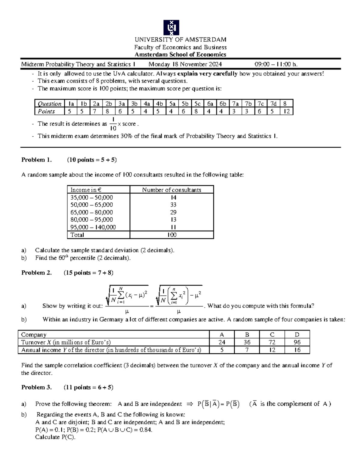UvA Midterm Probability Theory & Statistics 1 - 2024 Exam Guide ...