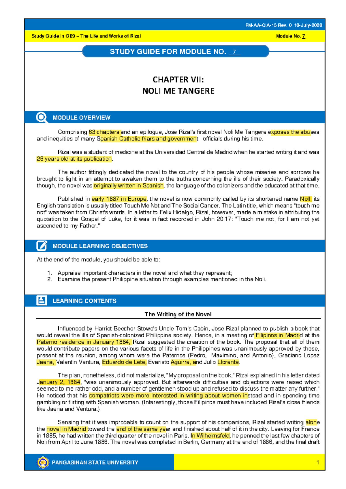 GE9 Study Guide: Module 7 - Noli Me Tangere Overview and Analysis - Studocu