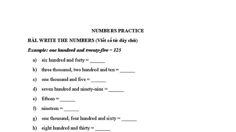 NUMBERS PRACTICE: WRITING NUMBERS IN WORDS - Studocu