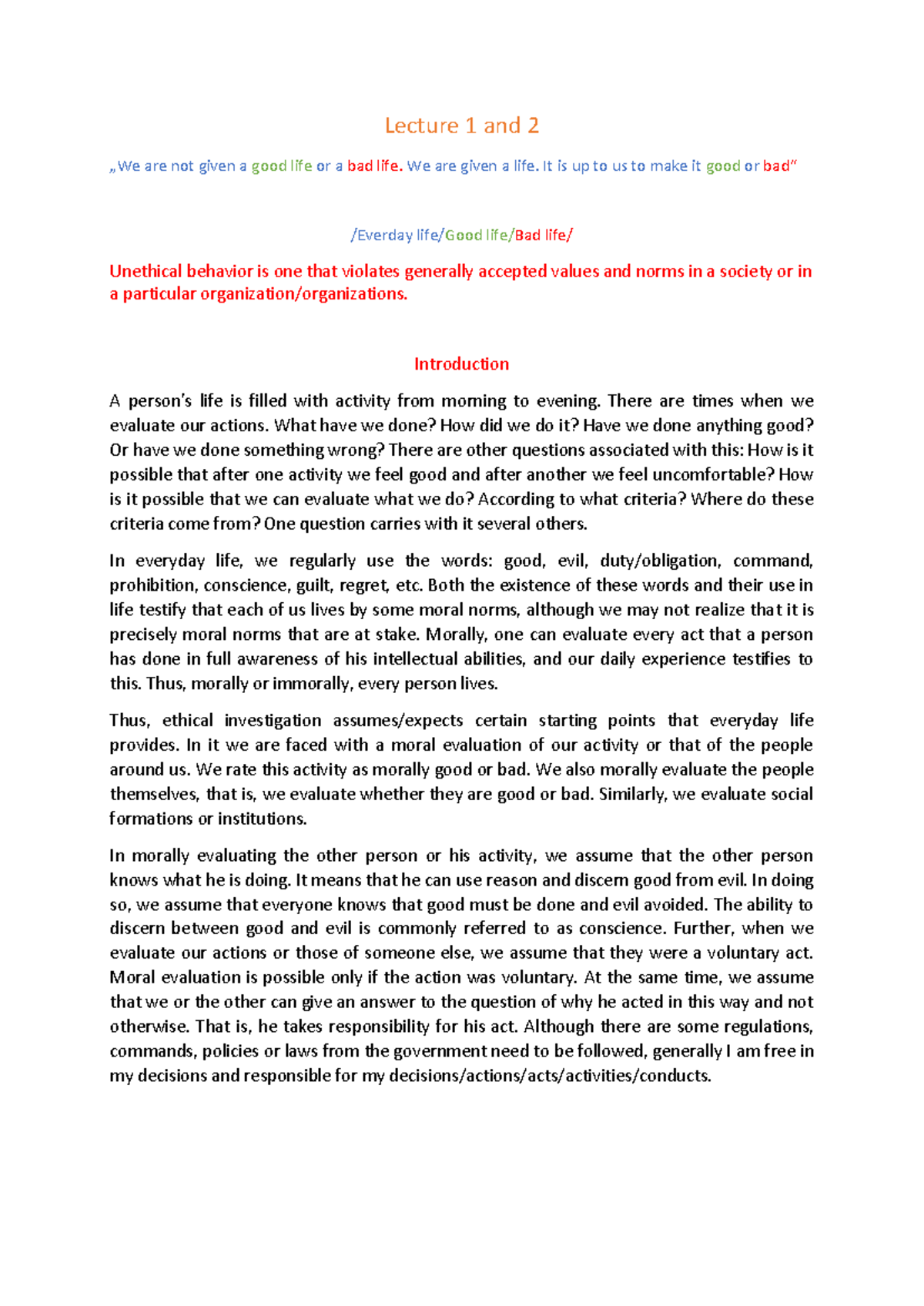 Lecture 1 & 2: Understanding Morality and Ethical Evaluation - Studocu