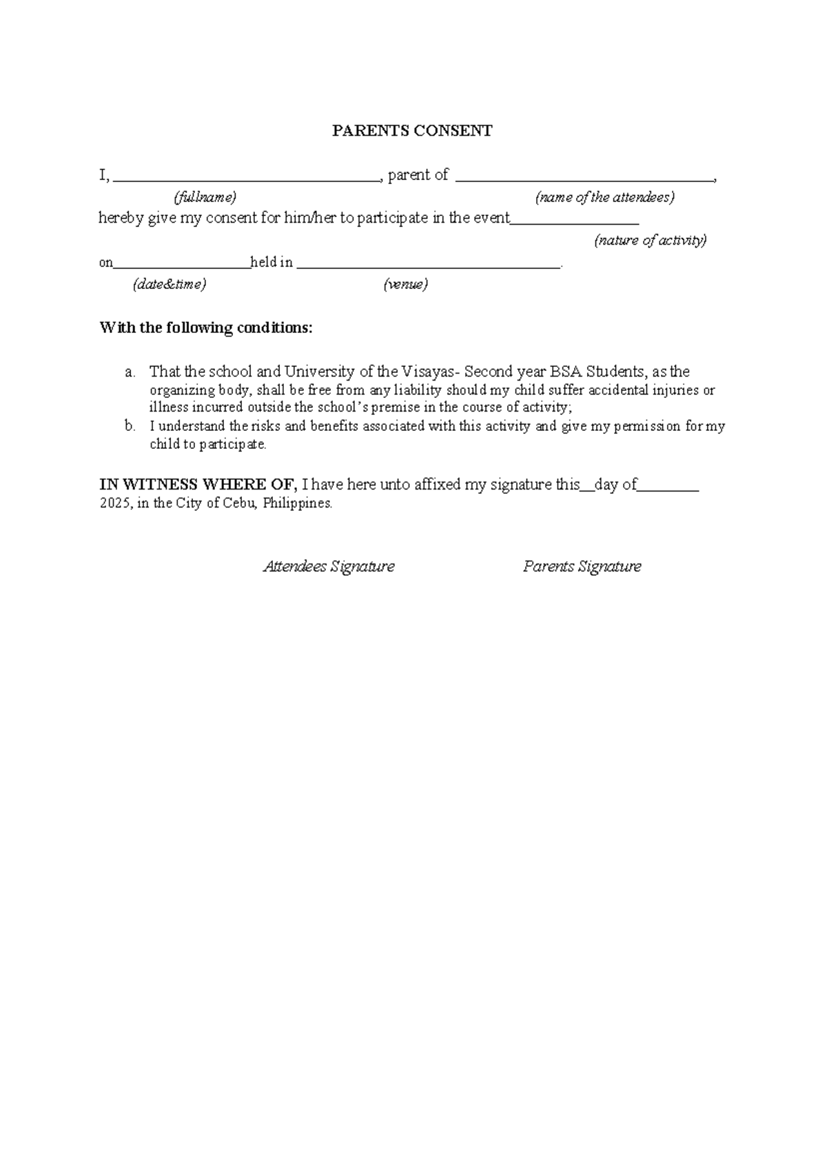 Parent Consent Form - BSA 2nd Year Event Participation - Studocu