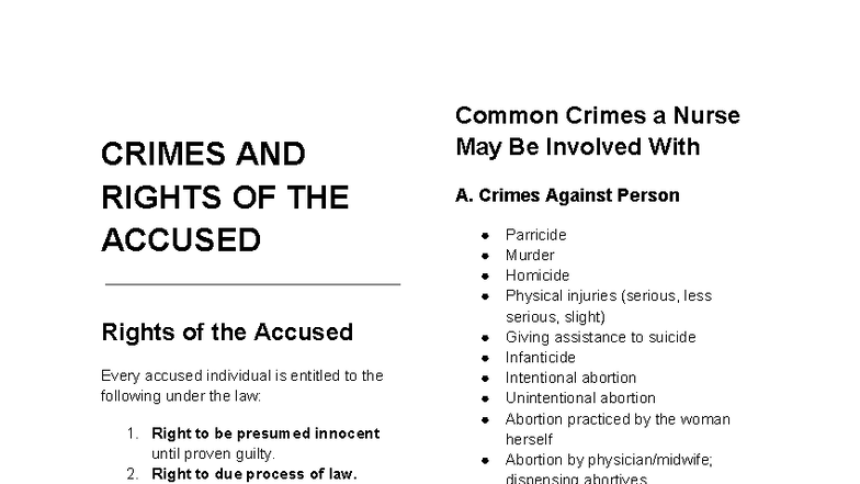 CRIM 101: Rights of the Accused and Common Crimes Overview - Studocu