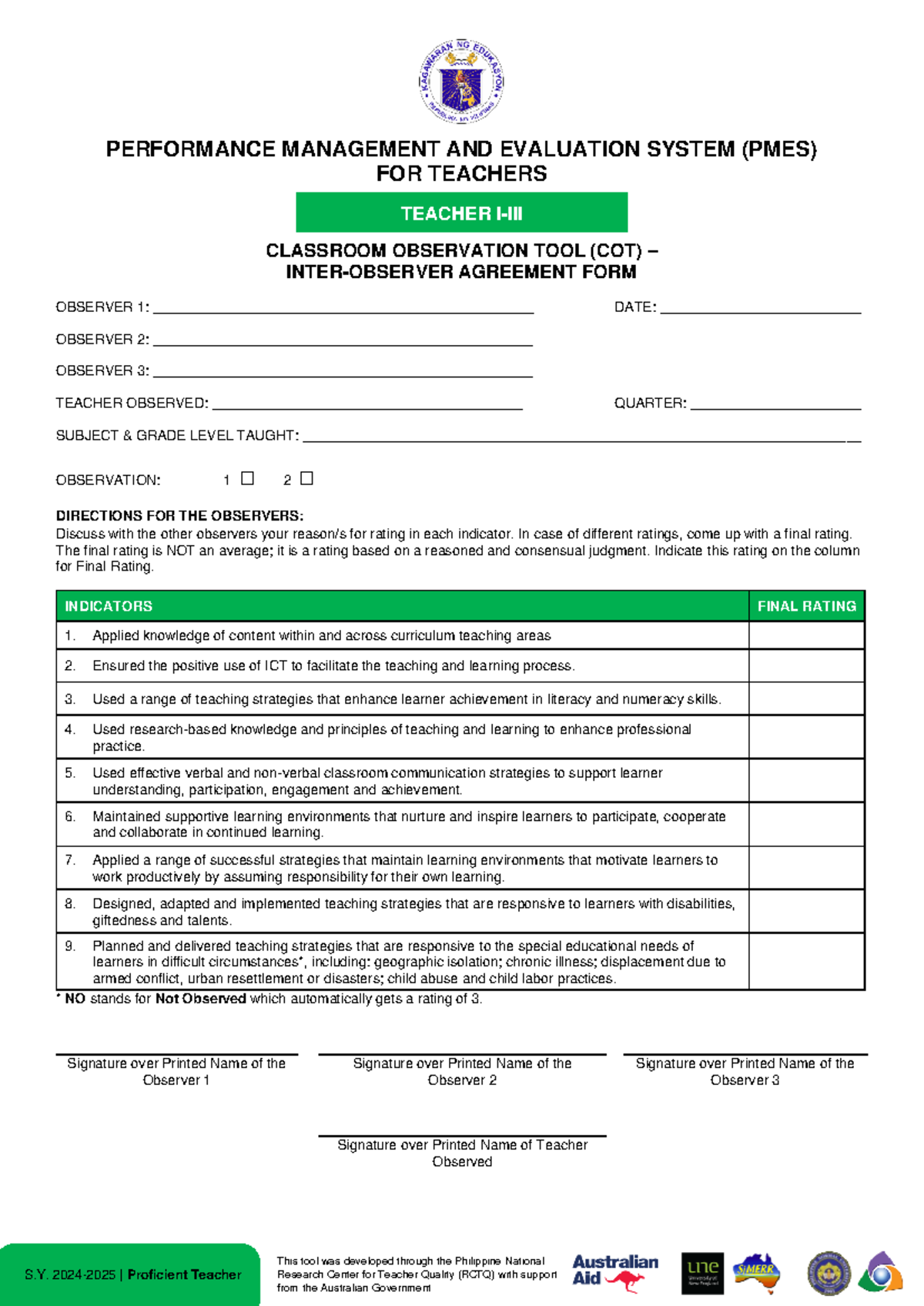 COT-Inter-Observer Agreement Form for Proficient Teacher SY 2024-2025 ...