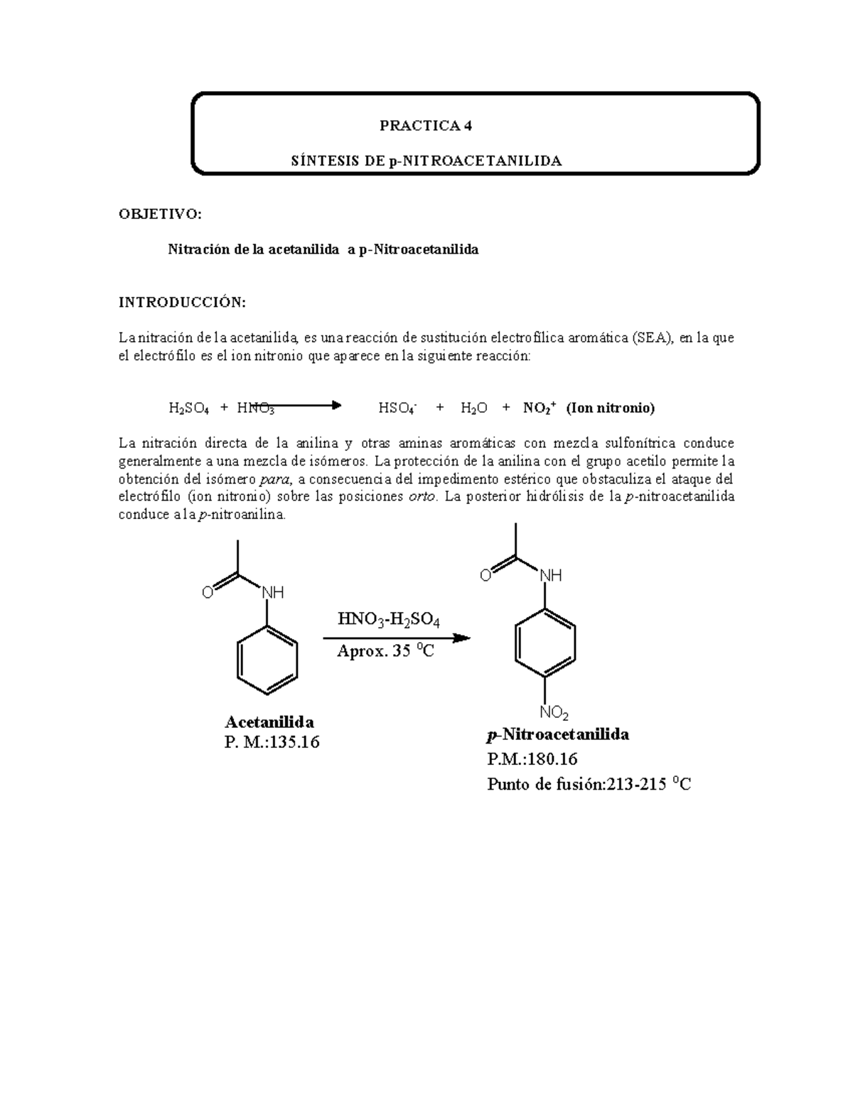 PRACTICA 4: SÍNTESIS DE p-NITROACETANILIDA - Studocu