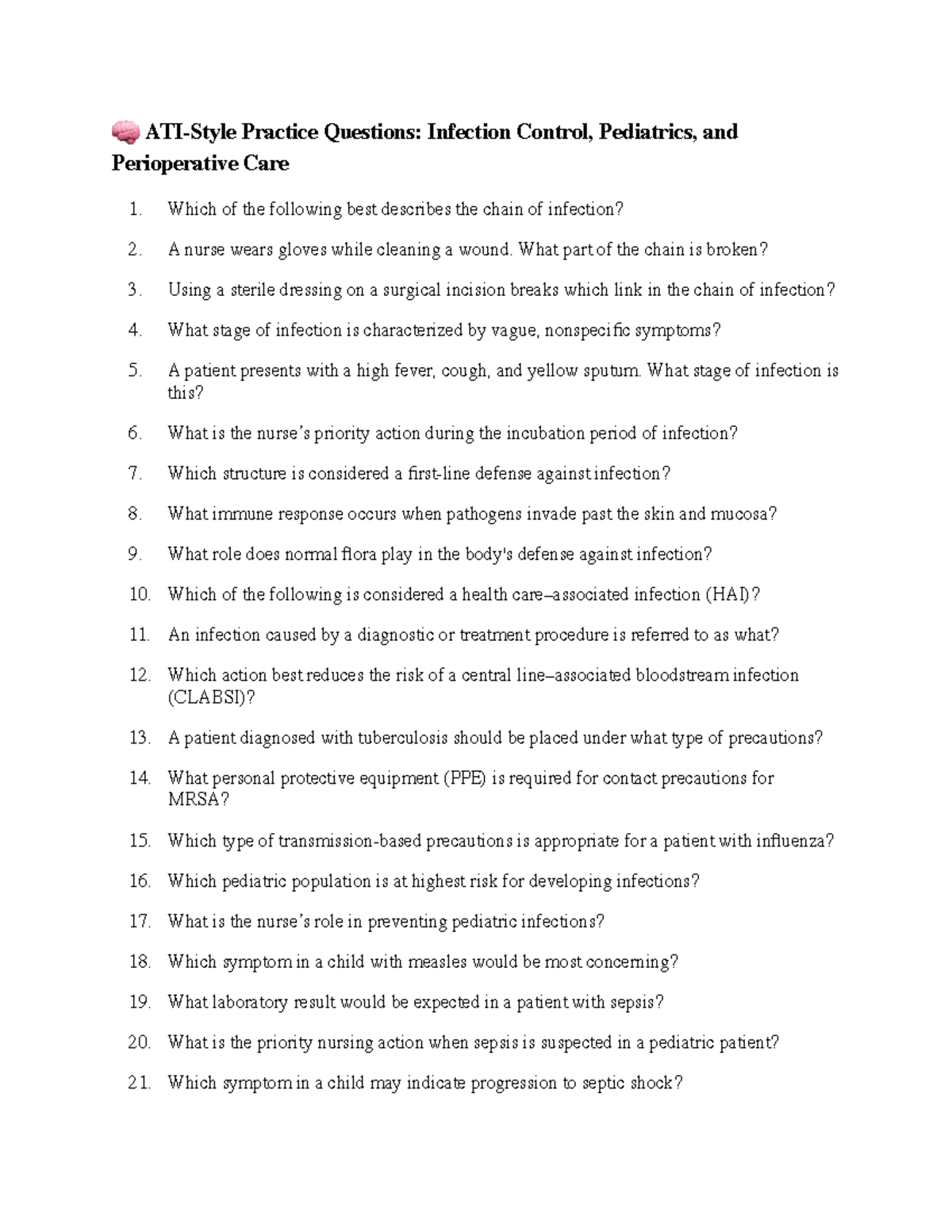 ATI-Style Practice Questions: Infection Control, Peds & Perioperative ...