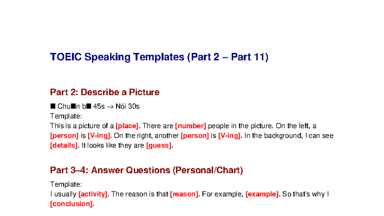 TOEIC Speaking Templates: Picture Descriptions & Responses - Studocu