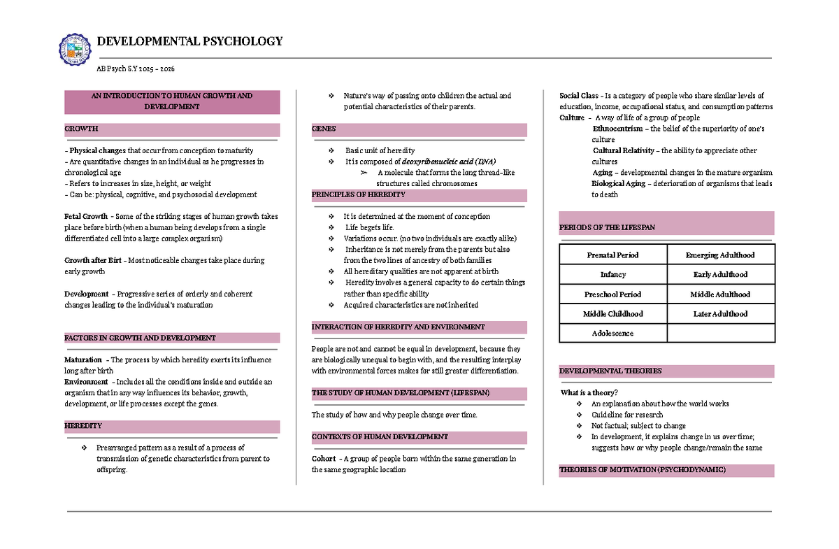 Developmental Psychology AB Psych S.Y 2025-2026: Comprehensive Notes on ...