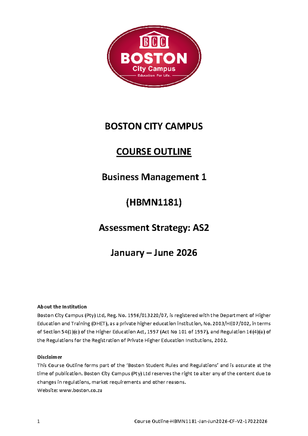 HBMN1181 Business Management 1 Course Outline (Jan-Jun 2026) - Studocu