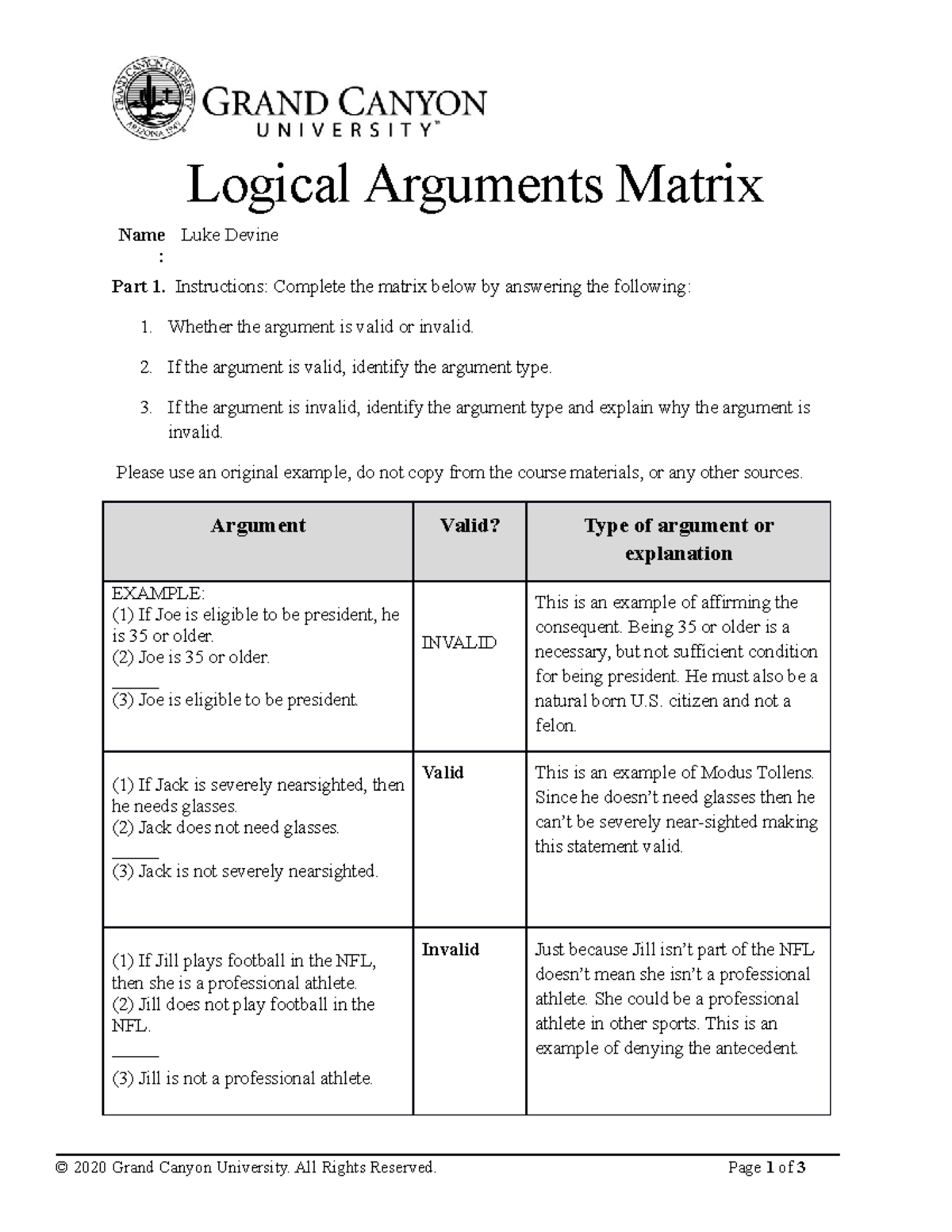 PHI 103 RS T1Logical Arguments Matrix - Logical Arguments Matrix Name ...