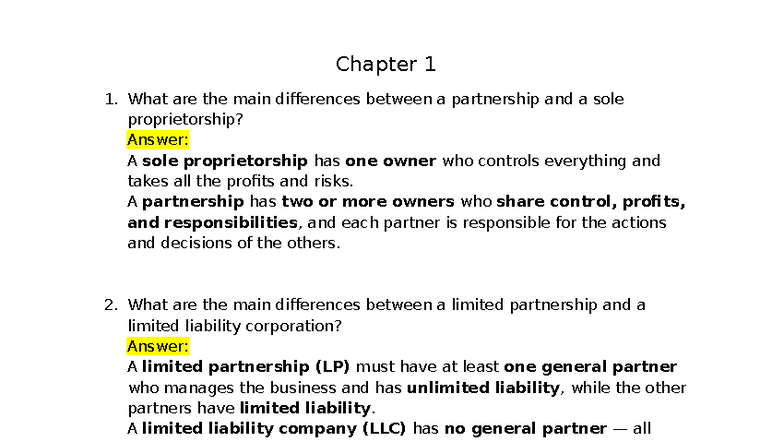 Chapter 1 - Key Differences in Business Structures and Financial ...