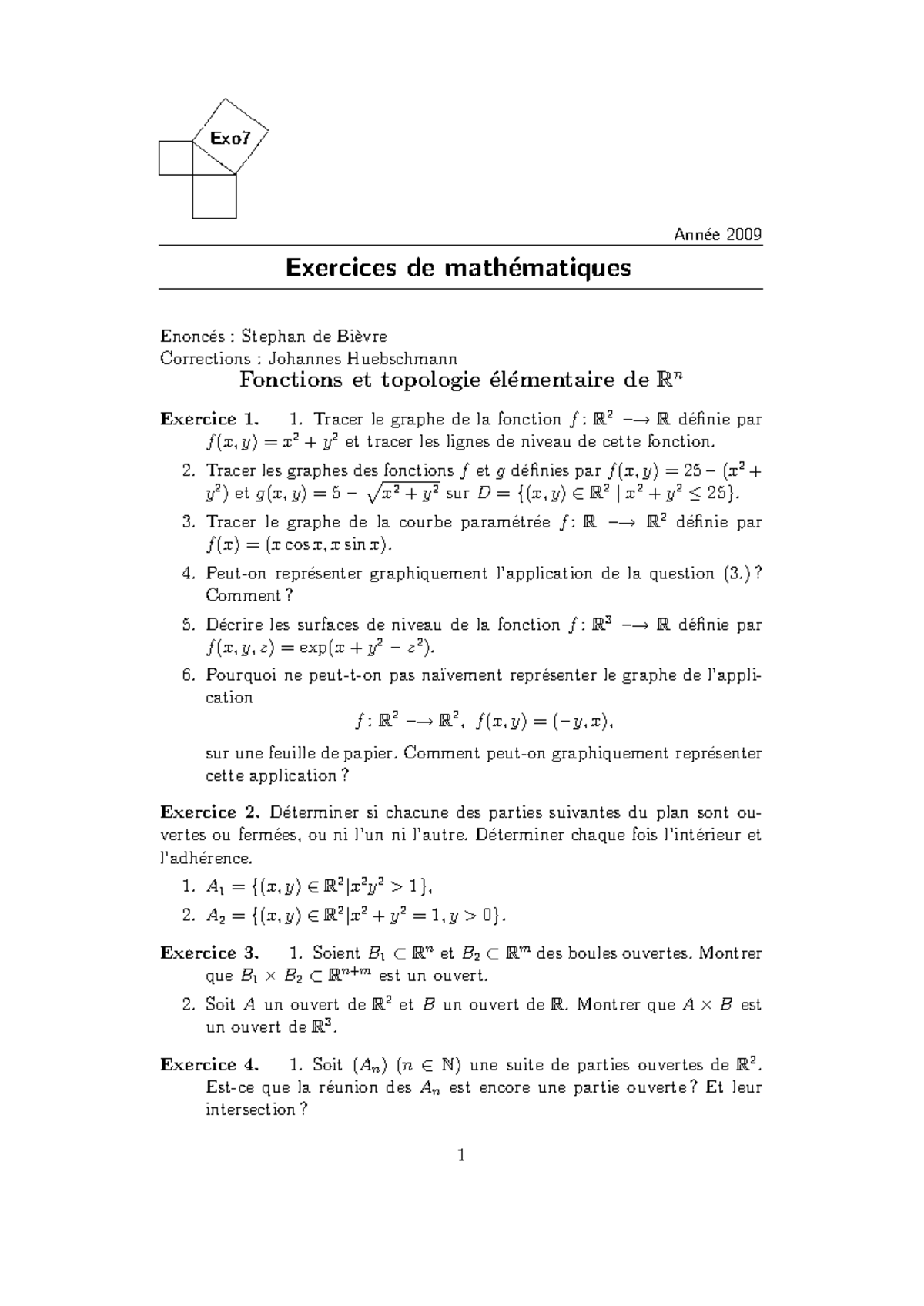 ZZ Exo7: Exercices sur Fonctions et Topologie de R^n - Studocu