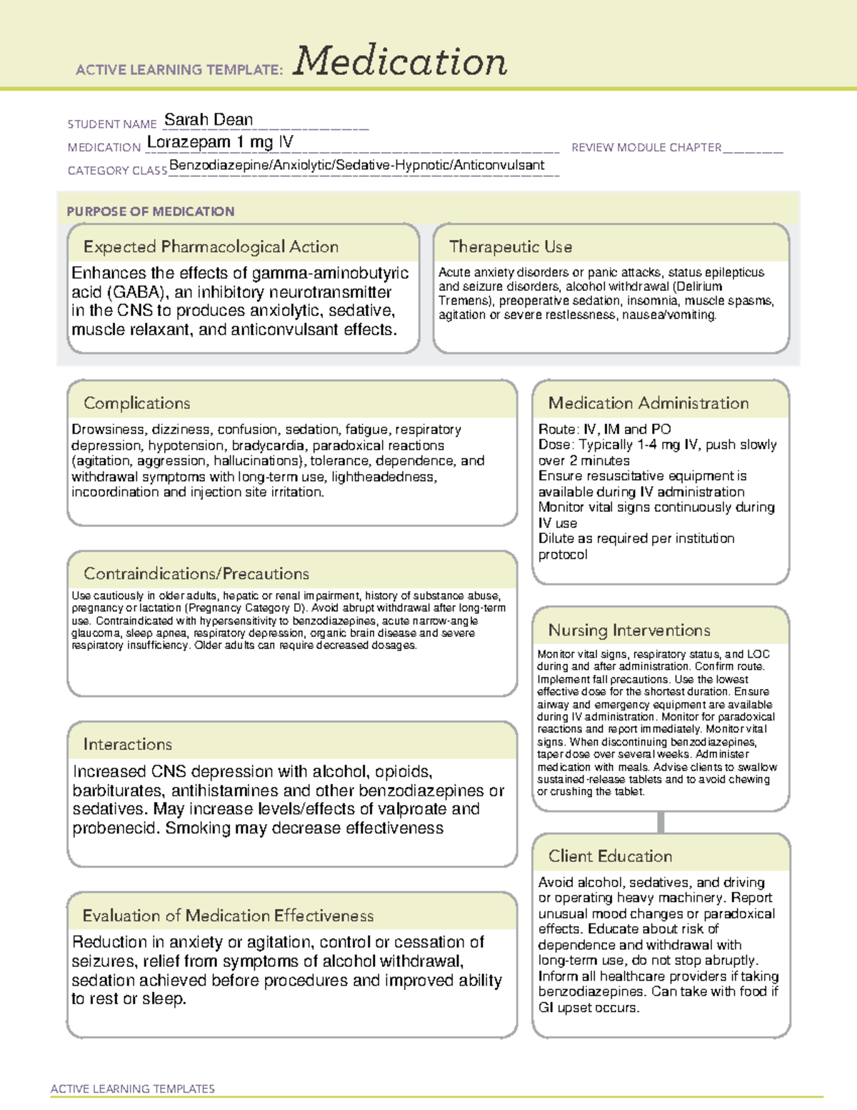 ATI Medication Template: Lorazepam (1 mg IV) Review Notes - Studocu