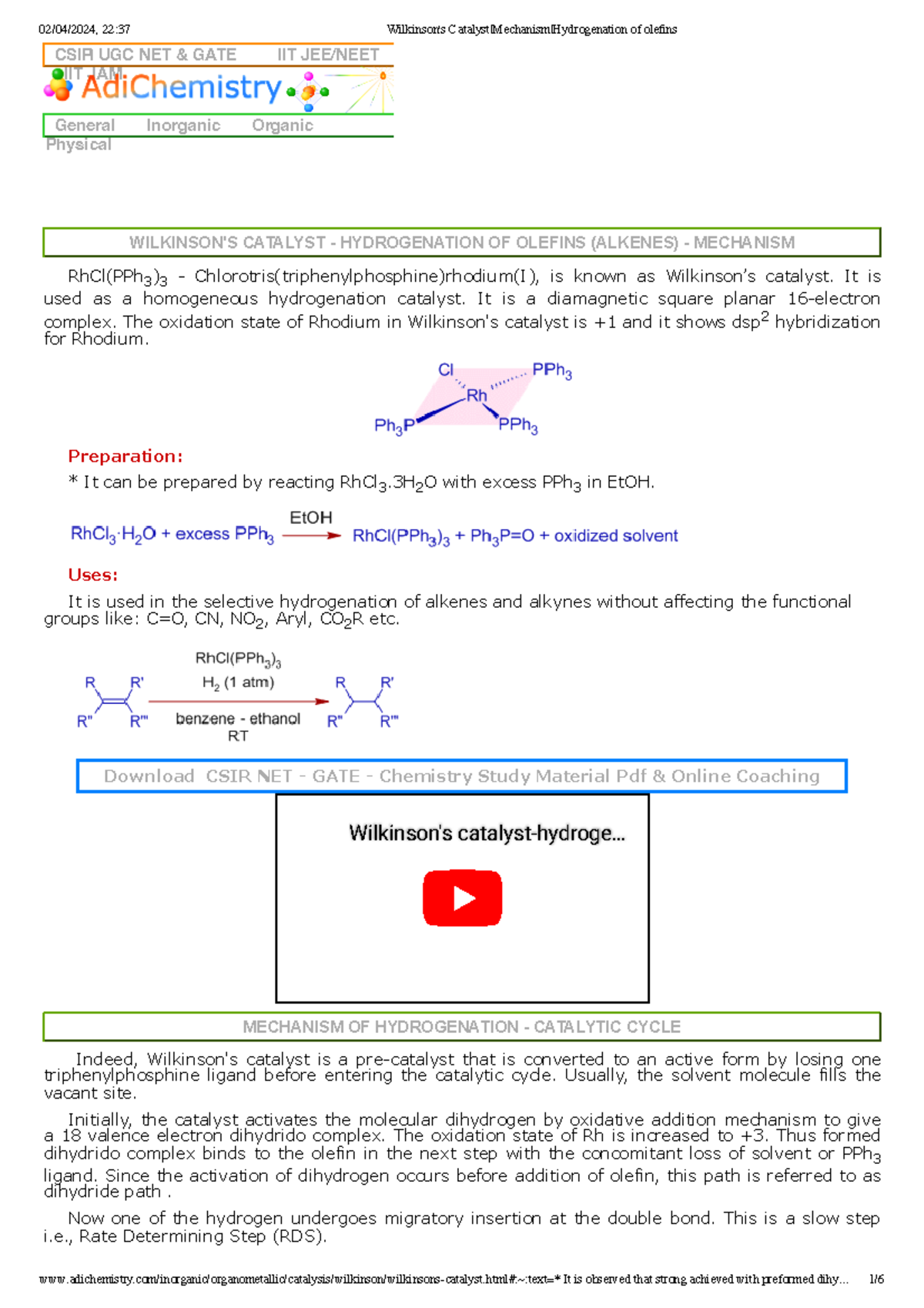 Wilkinson's Catalyst Mechanism: Hydrogenation of Olefins Explained ...