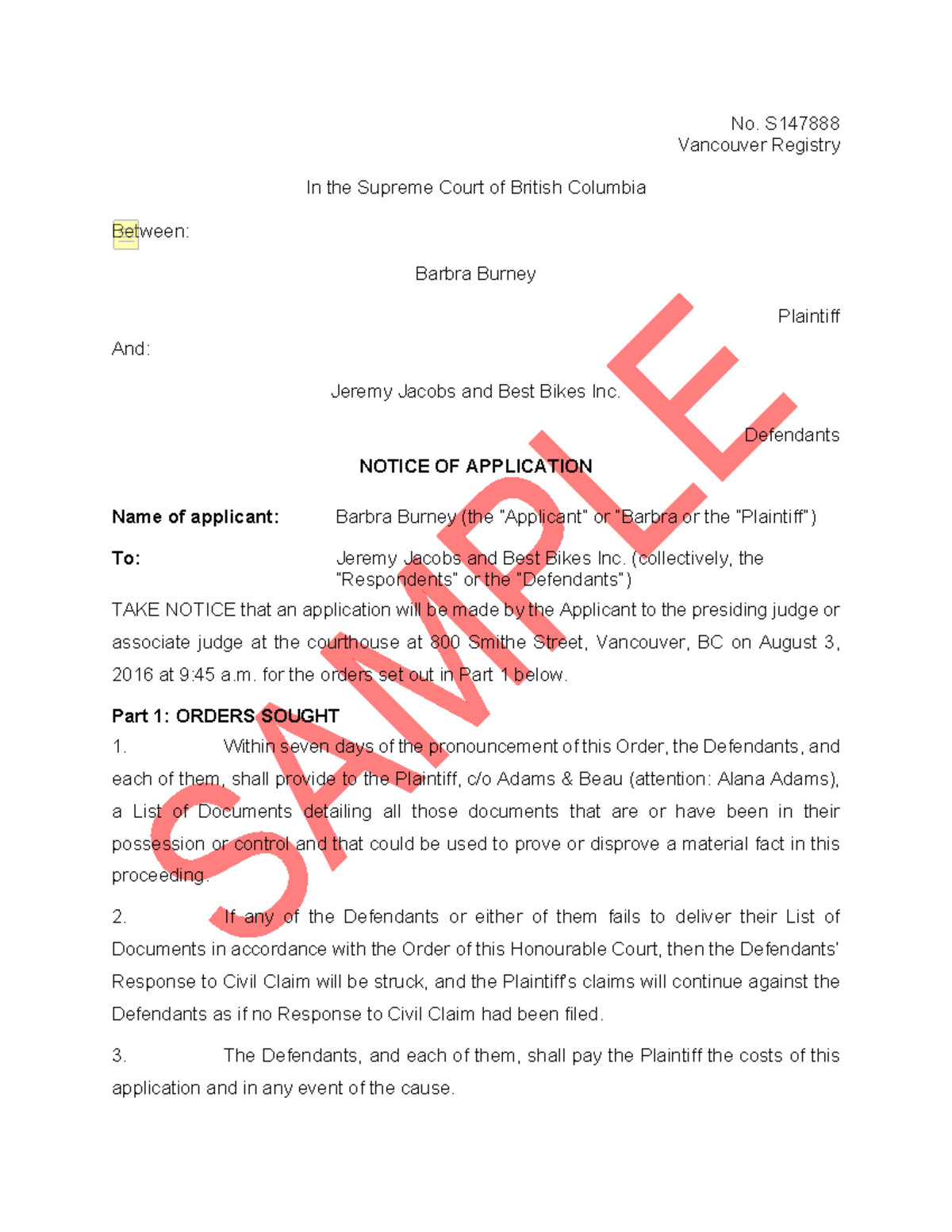 Sample #3 Notice of Application - No. S Vancouver Registry In the ...