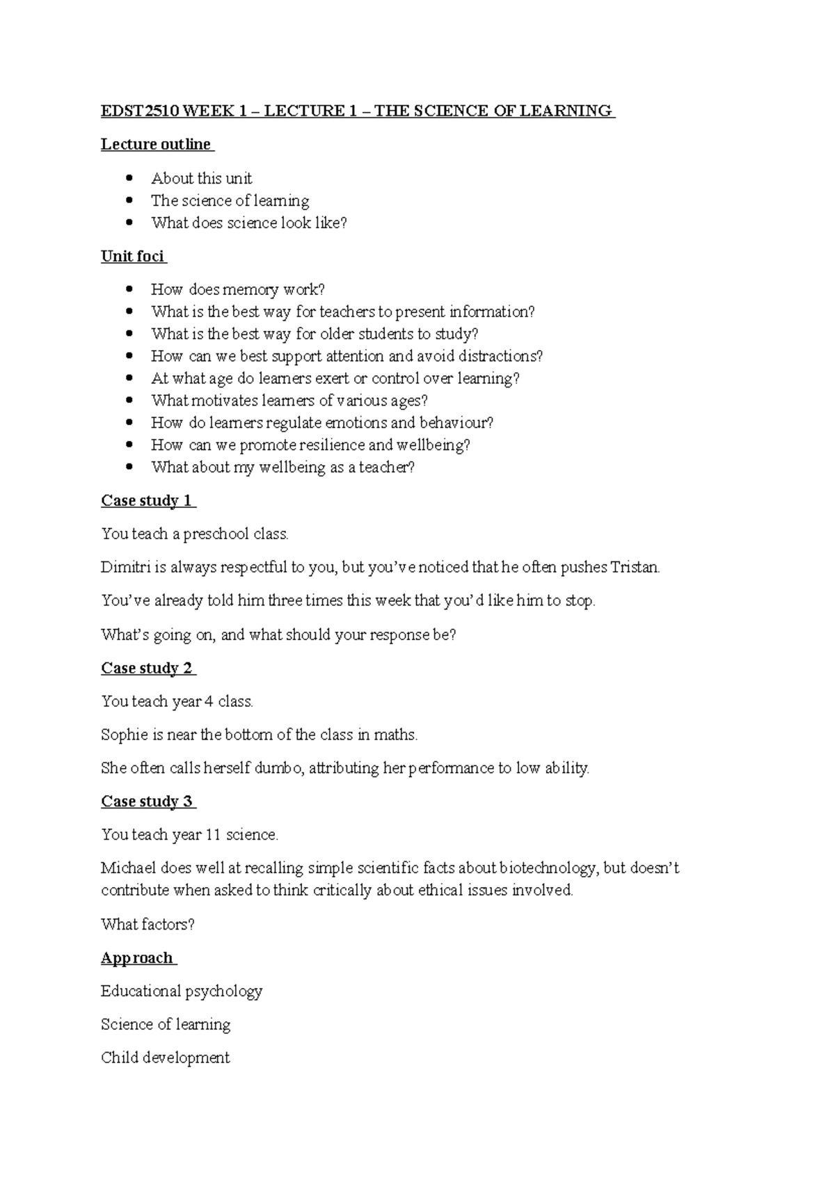 EDST2510 Week 1 Lecture Notes: Science of Learning & Brain Development ...