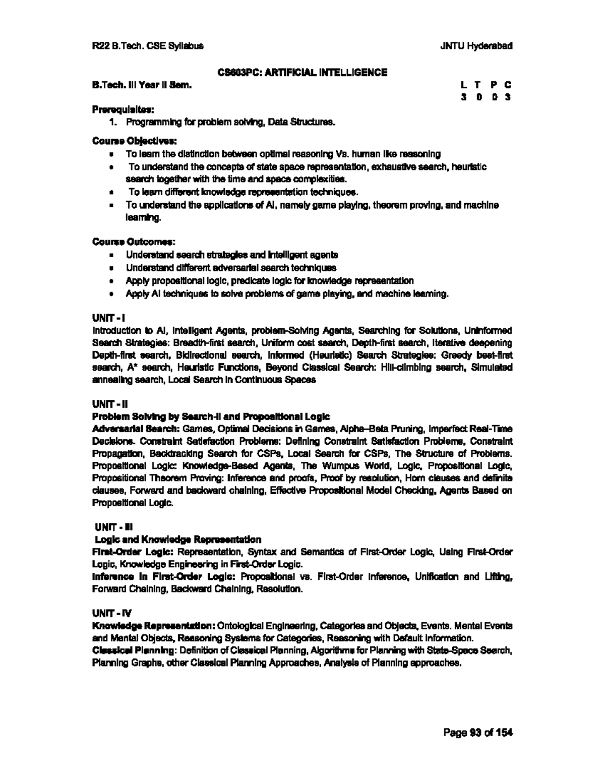 R22 B.Tech. CSE CS603PC: AI Syllabus & Course Structure Overview - Studocu