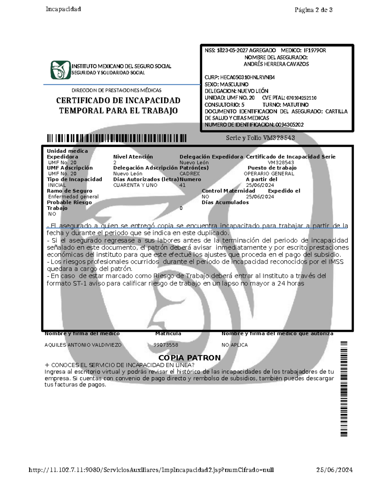 Certificado de Incapacidad Temporal IMSS - NSS: IF1979OR - Studocu