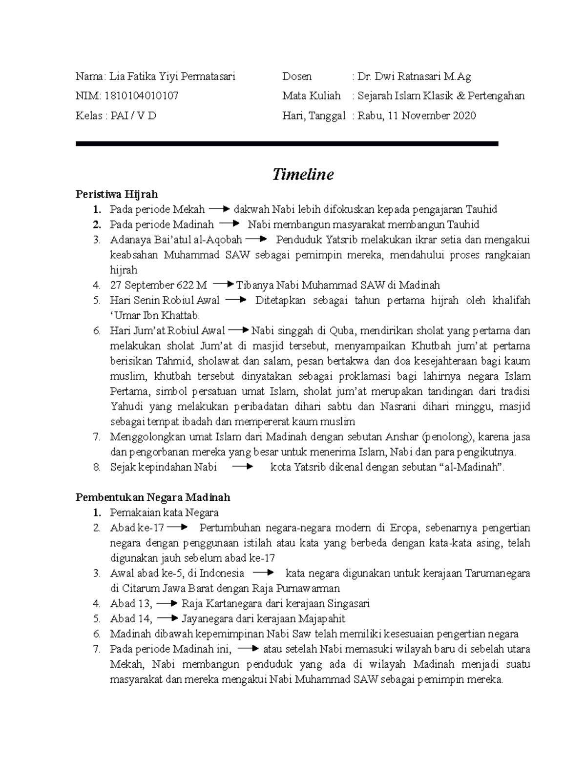 Timeline peristiwa hijrah Rasulullah - Nama: Lia Fatika Yiyi ...