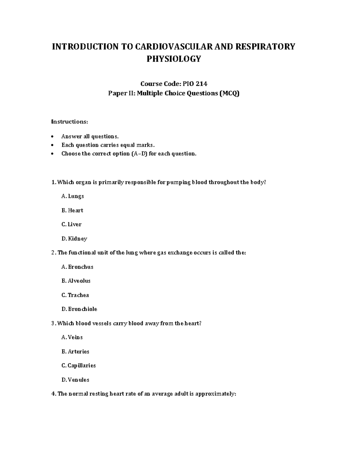 PIO 214 MCQ Exam Paper: Cardiovascular & Respiratory Physiology - Studocu
