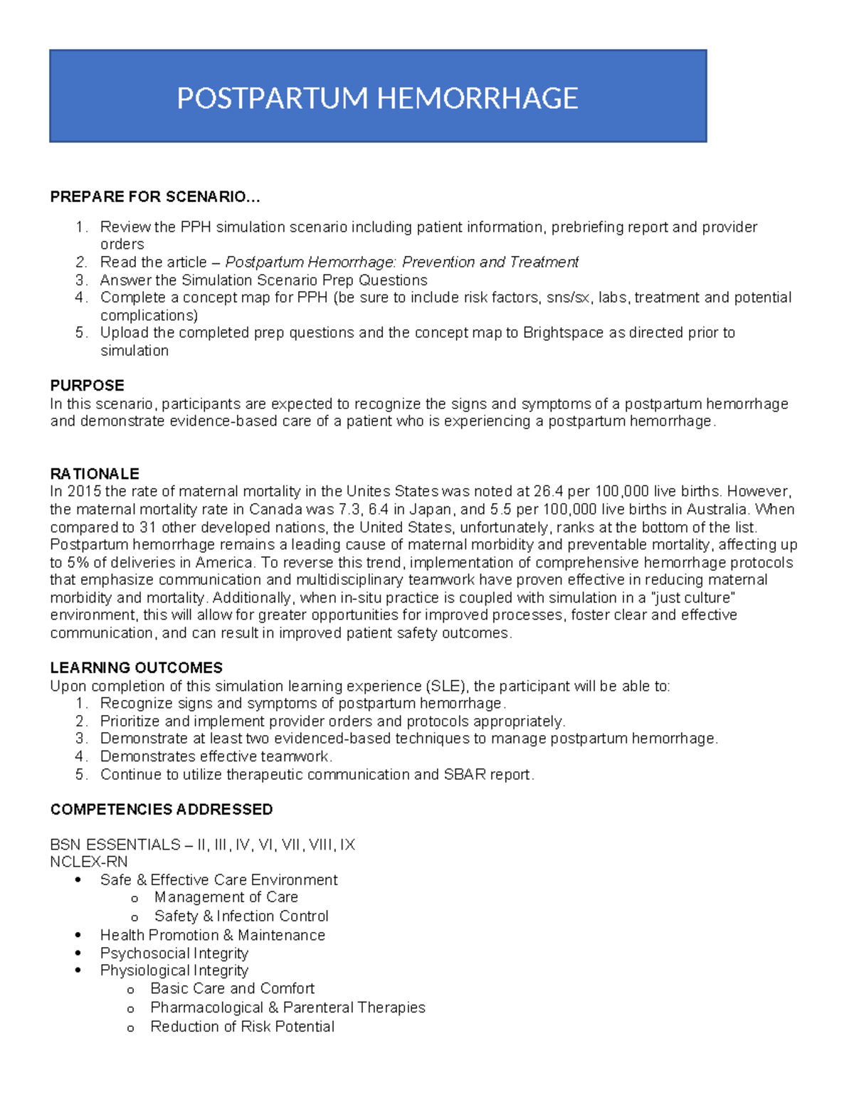 Sim PPH Student Prep Packet updated 9-23 - PREPARE FOR SCENARIO... 1 ...