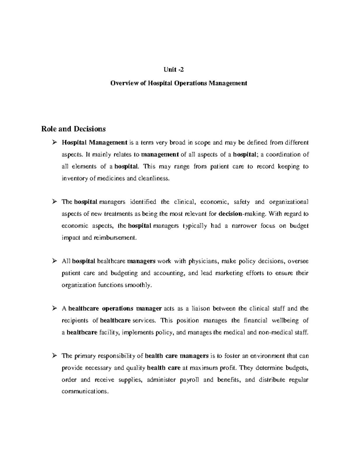 Overview of Hospital Operations Management - UNIT 2 Insights and ...