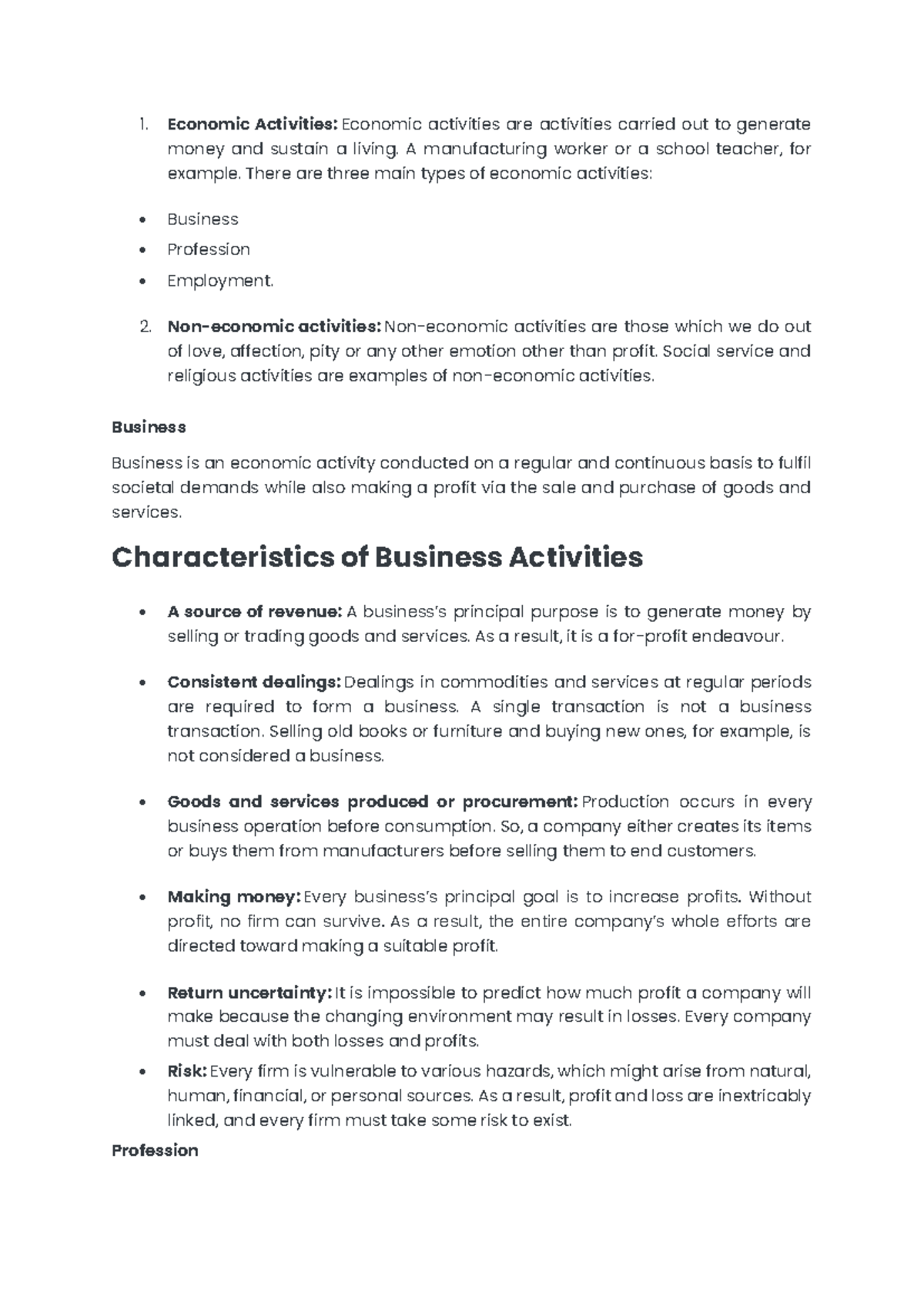 Business Studies: Understanding Economic Activities and Risks - Studocu