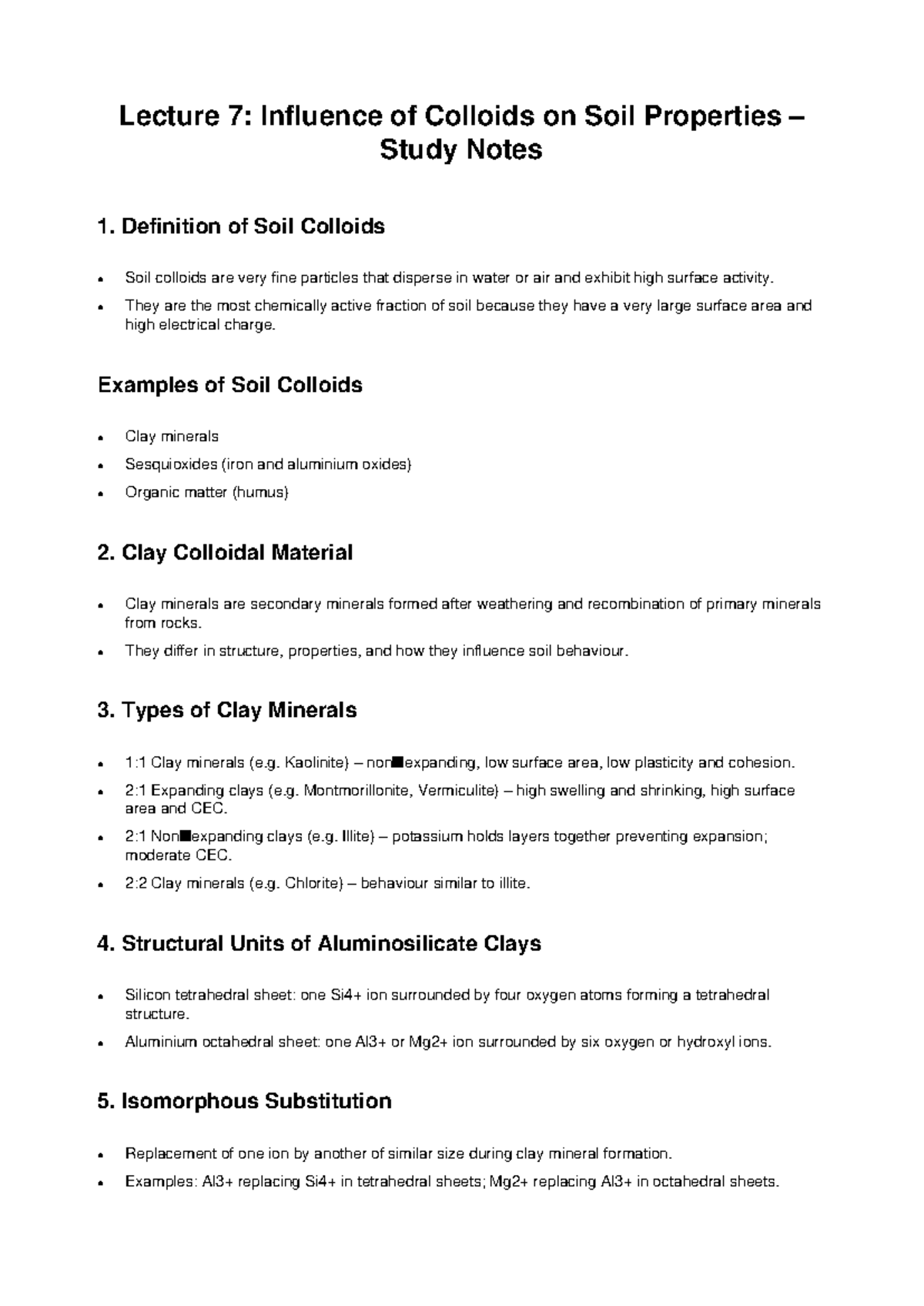 Soil Colloids Lecture 7: Influence on Soil Properties Study Notes - Studocu