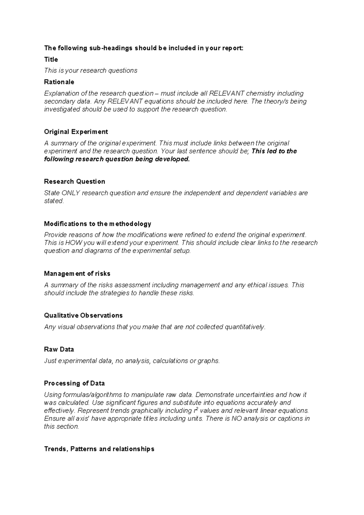 Chemistry Experiment Report: Scaffolding for Research Questions - Studocu