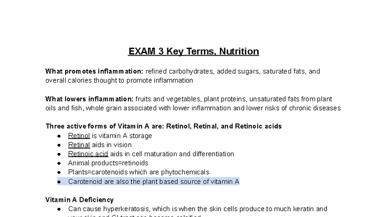 EXAM 3 Key Terms: Nutrition and Inflammation Insights - Studocu