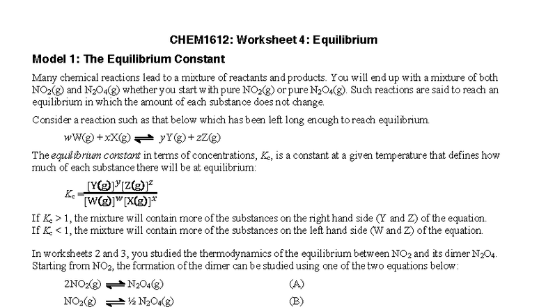 CHEM1612: Worksheet 4 - Equilibrium Constants and Calculations - Studocu