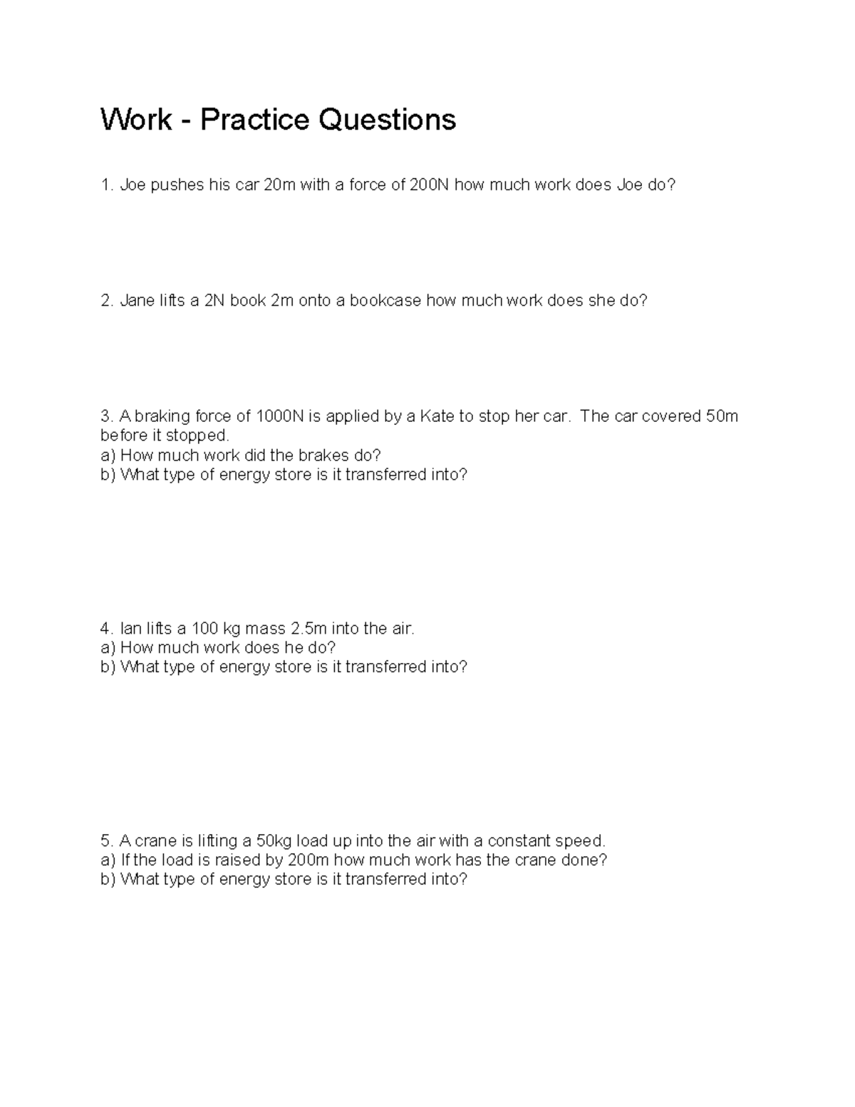 Work Done Worksheet Practice Questions - Physics 101 - Studocu