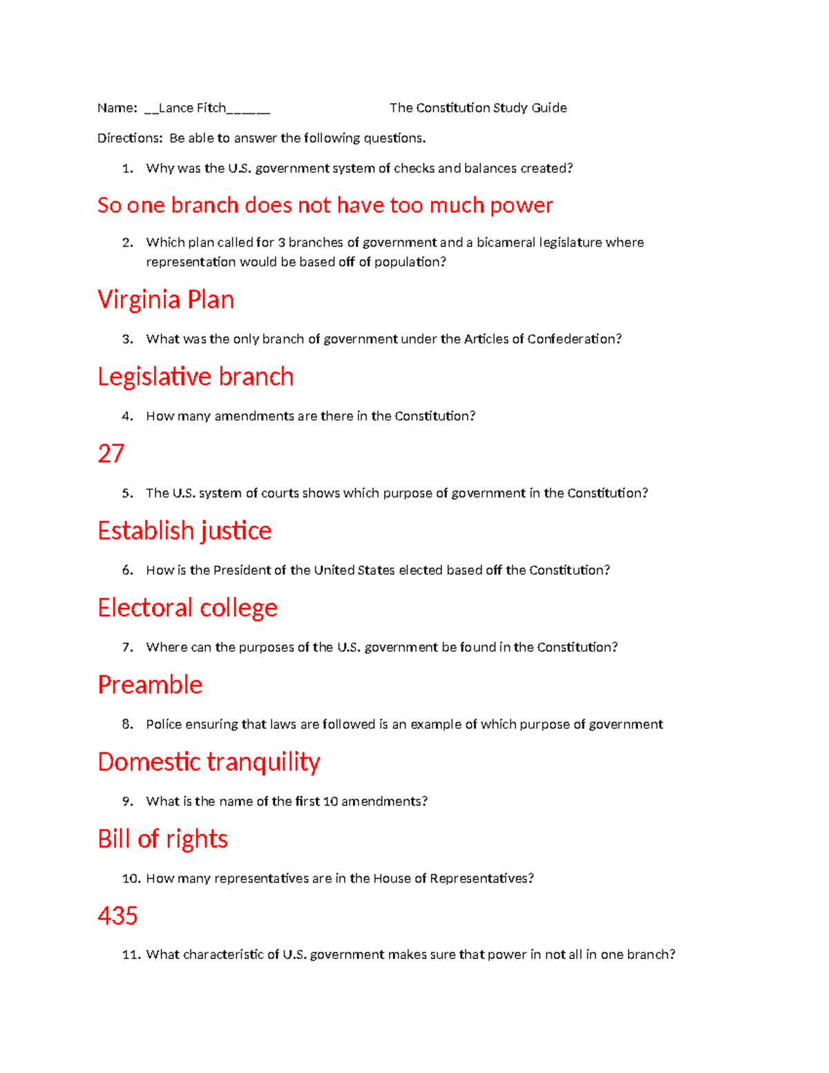 Topic 1 3A Test Study Guide - Name: Lance Fitch____ The Constitution ...