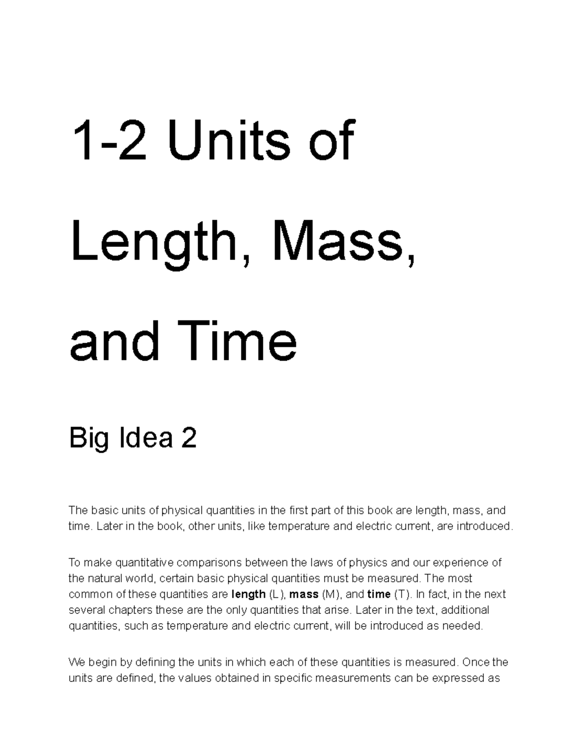 PHY 101 Units of Length, Mass, and Time - 1-2 Units of Length, Mass ...