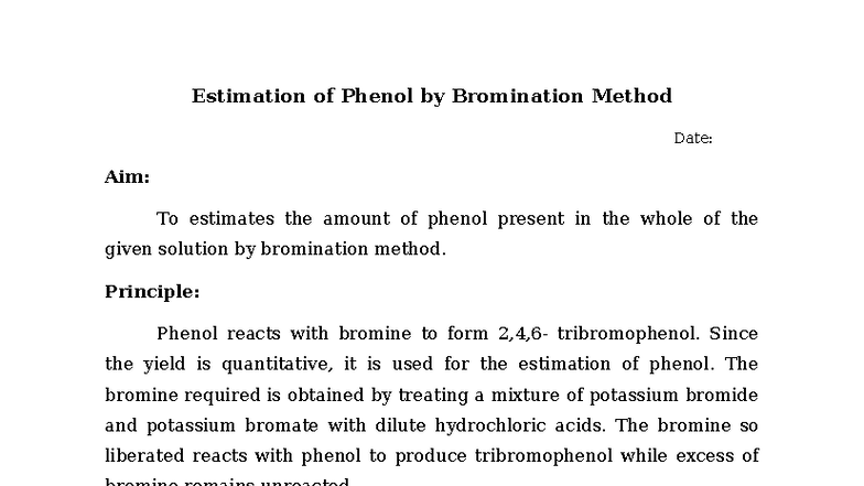 Estimation of Phenol by Bromination Method (Chem 101 Lab) - Studocu