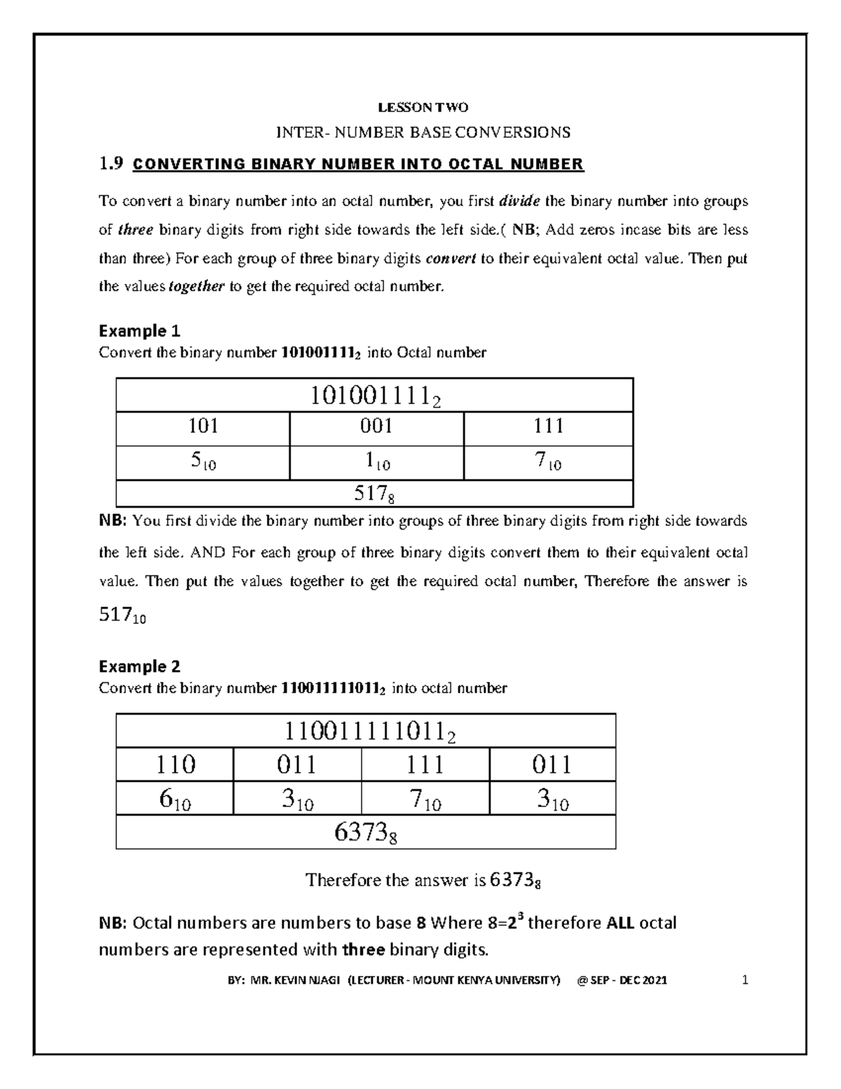 Lesson 2 Number BASE Conversion - LESSON TWO INTER- NUMBER BASE ...