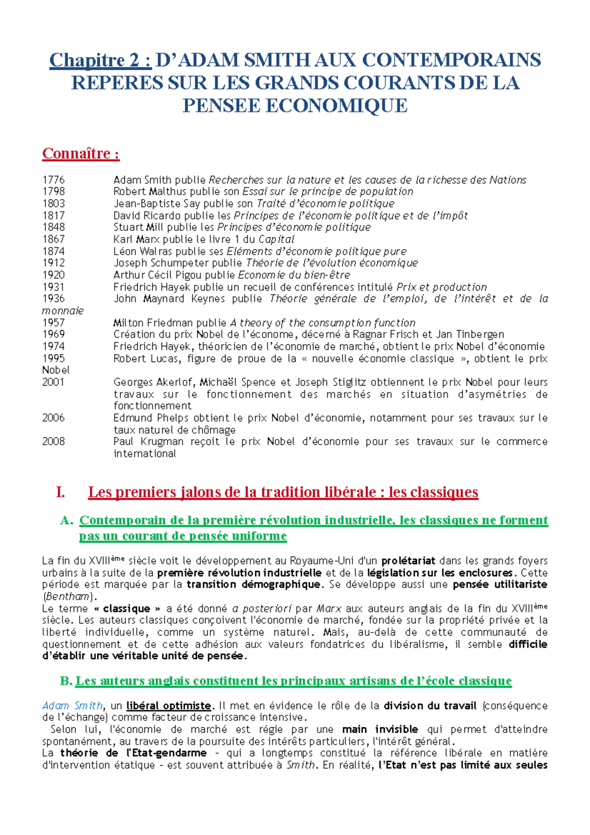 Chapitre 2 : D'Adam Smith à nos jours - Courants de la pensée économique - Studocu