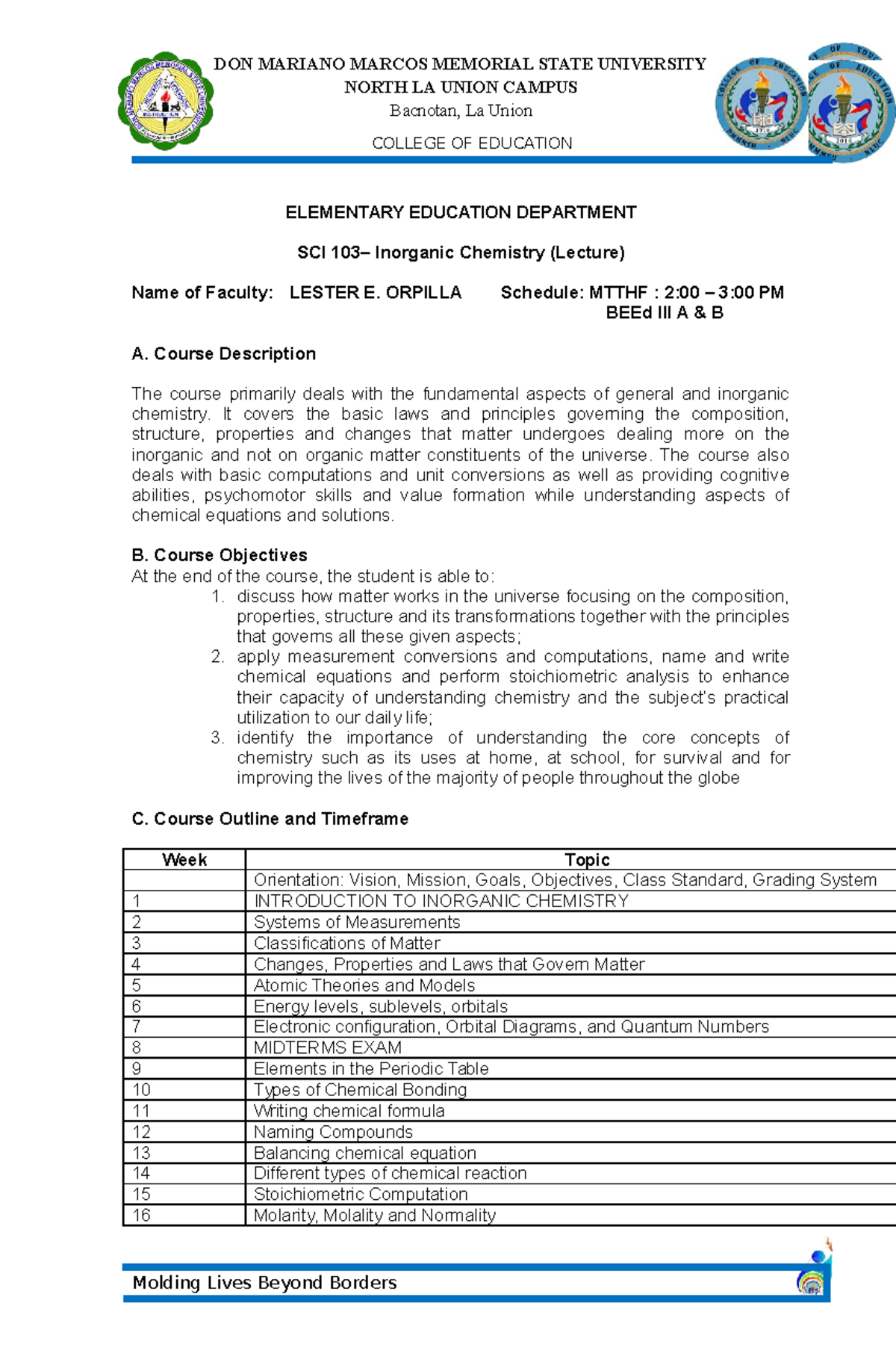 Inorganic Chemistry Course Outline (SCI 101) - Midterm & Final Exam ...