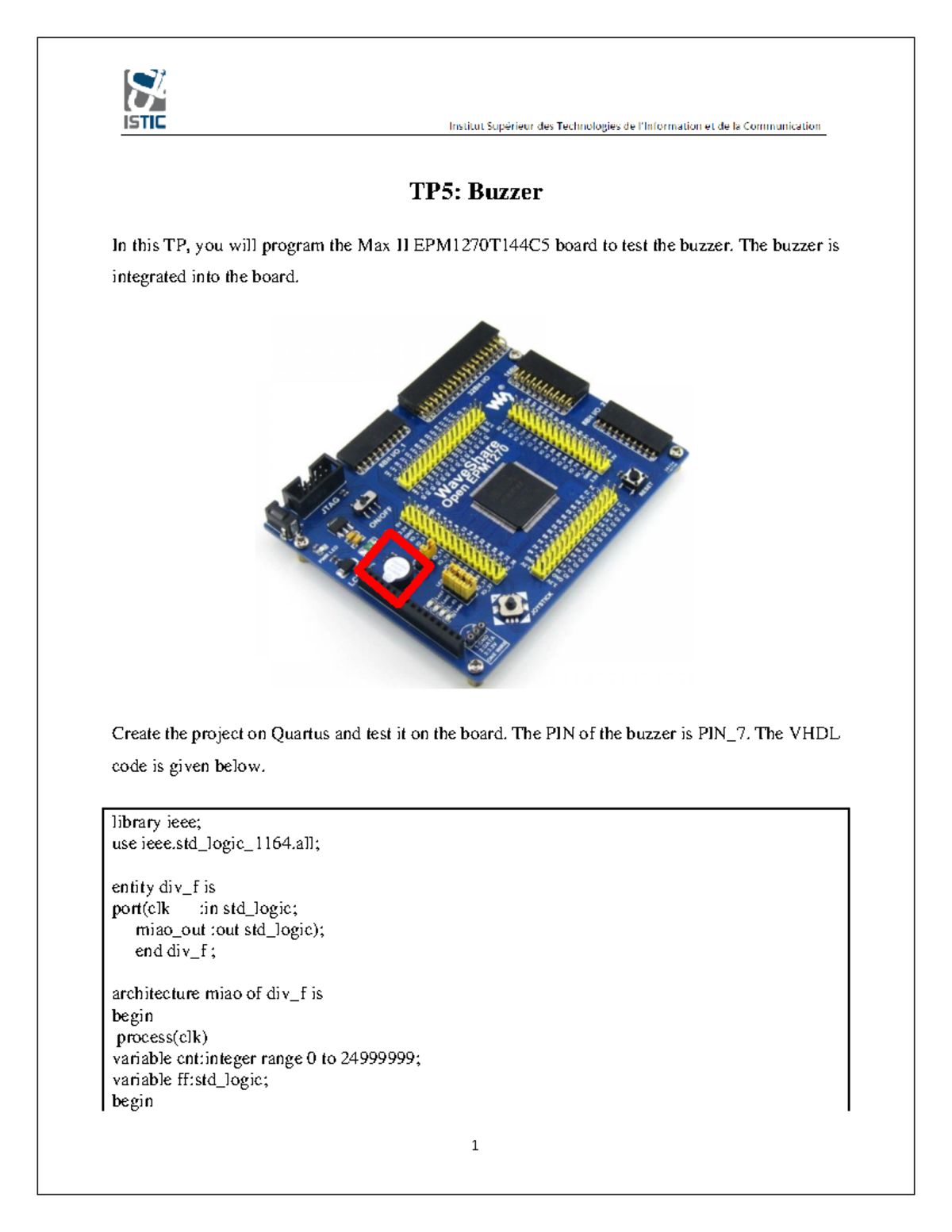 TP5: Buzzer Programming on Max II EPM1270T144C5 Board - Studocu