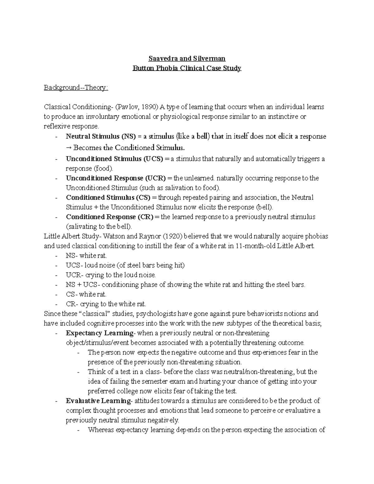 Saavedra & Silverman Button Phobia Case Study Lecture Notes - Studocu