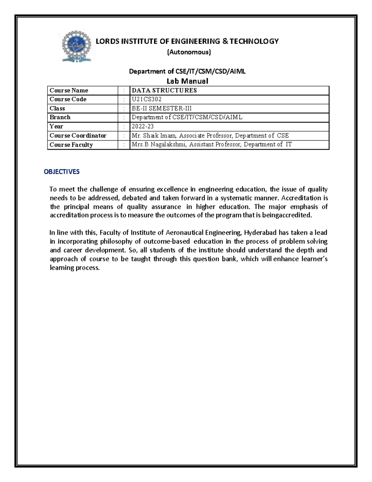 Final U21CS Data Structures Lab Manual - Concise Overview - Studocu
