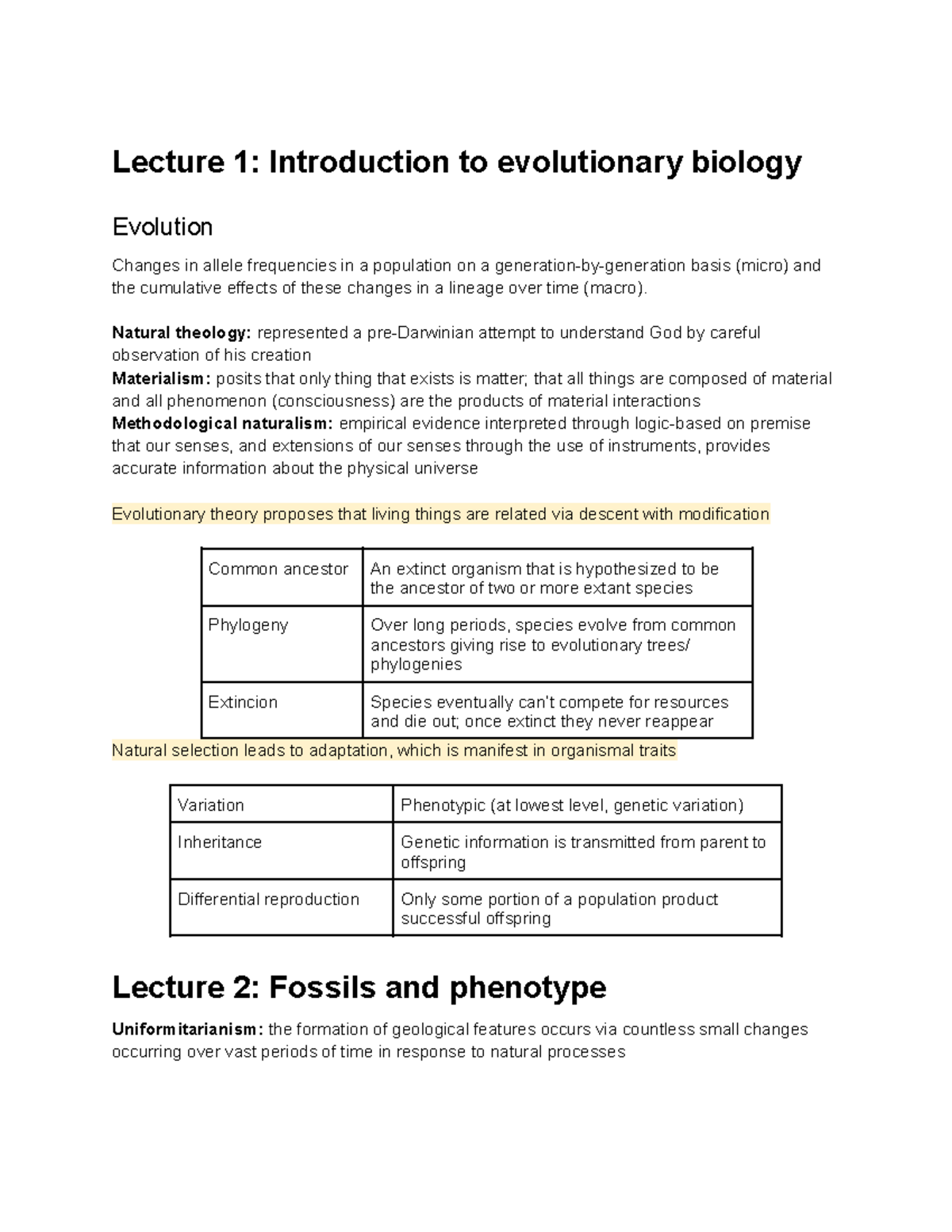Module 1: Lecture Notes on Evolutionary Biology for Exam 1 - Studocu