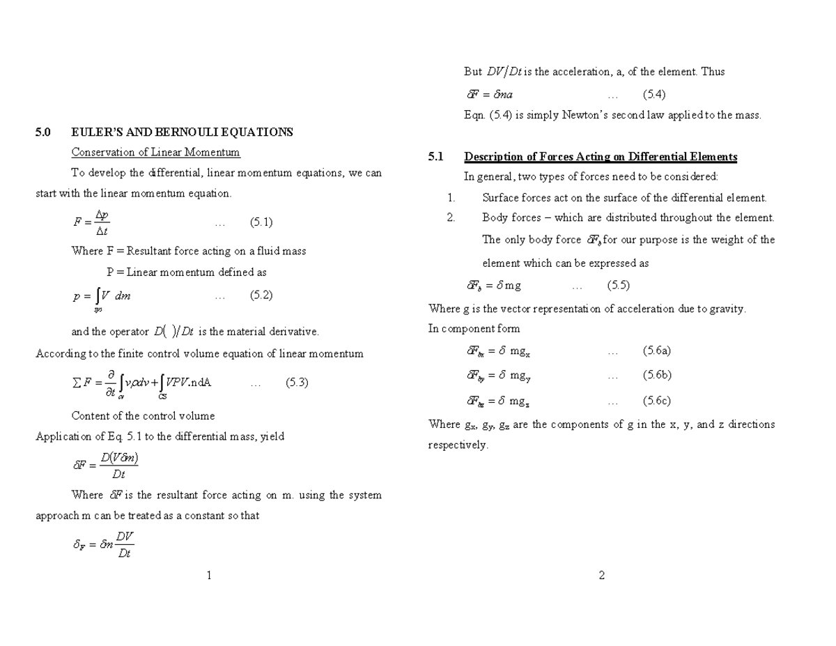 MEE 326 Lecture Note - Fluid mechanics 2 - ####### 5 EULER’S AND ...