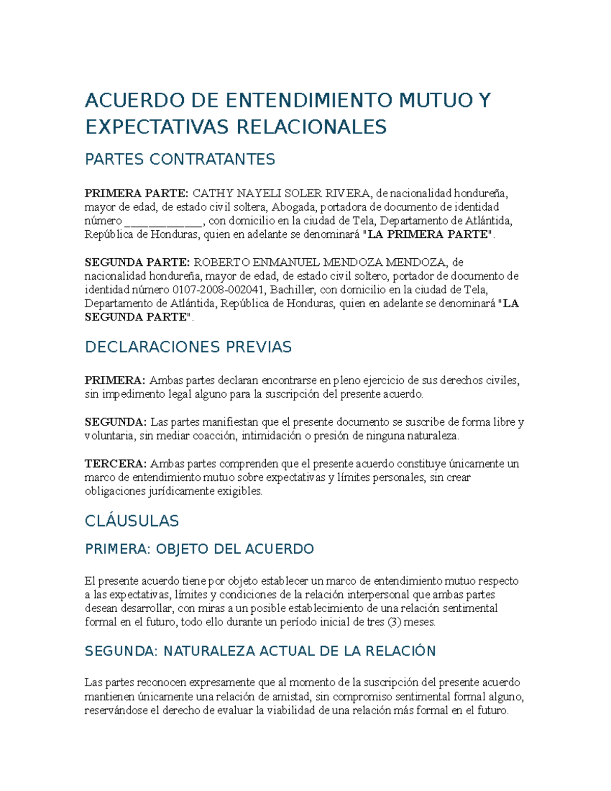 ACUERDO DE ENTENDIMIENTO MUTUO ENTRE CATHY Y ROBERTO - Studocu