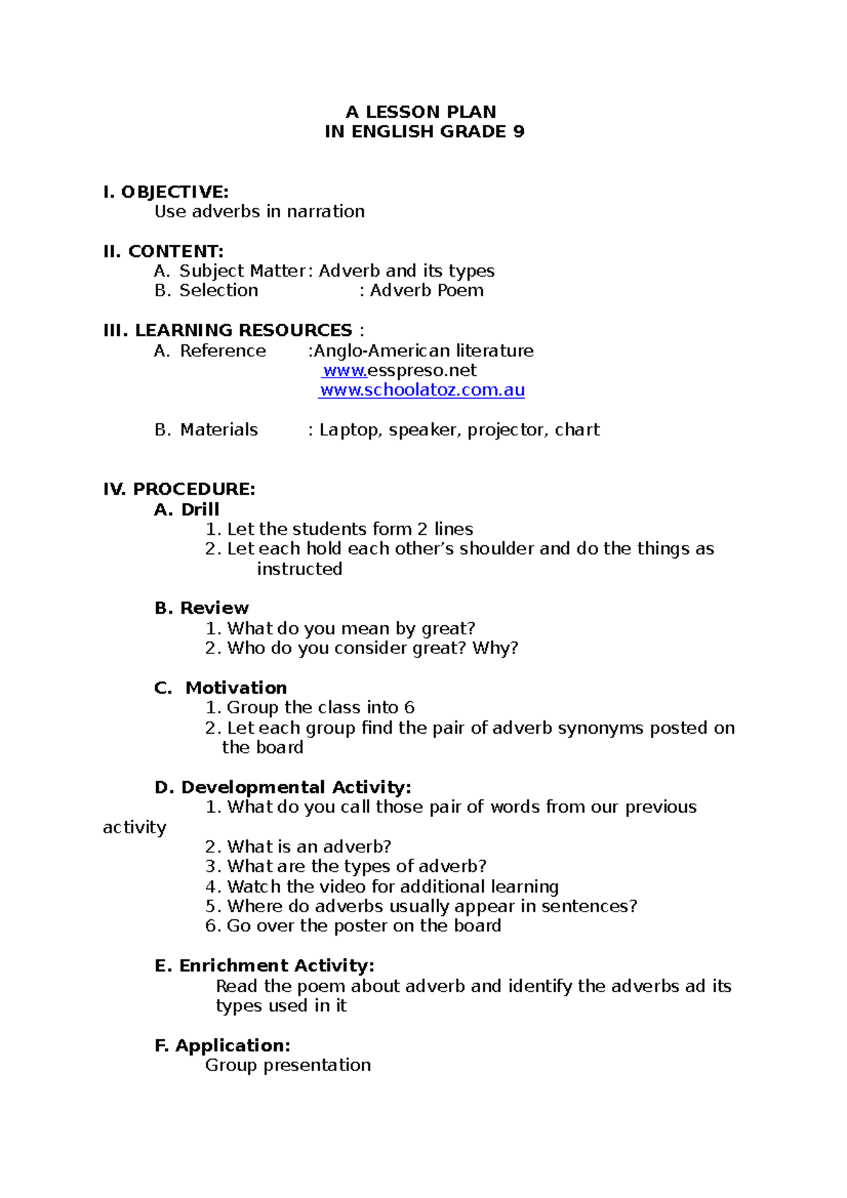 Lesson plan-adverb - Plan on Adverb - A LESSON PLAN IN ENGLISH GRADE 9 ...