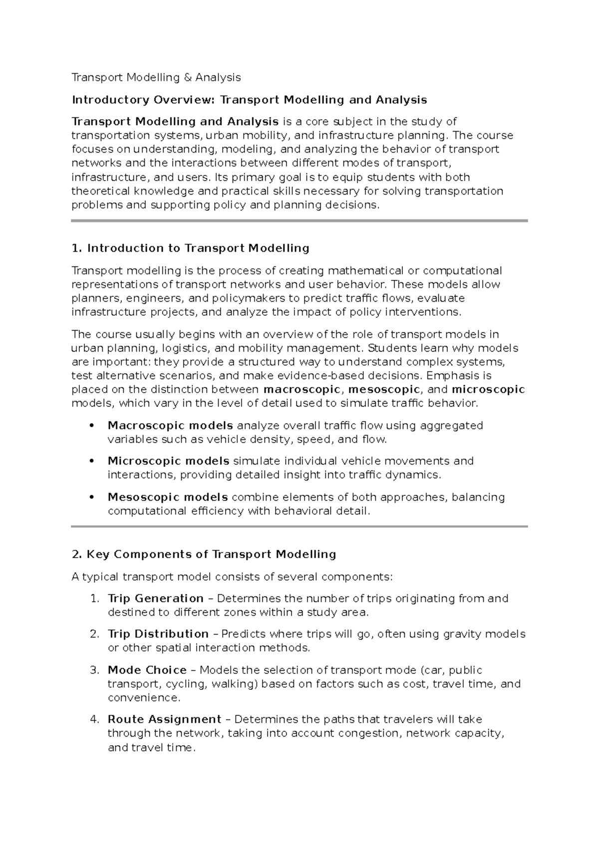 Transport Modelling Analysis (Course Code) - Summary Overview - Studeersnel